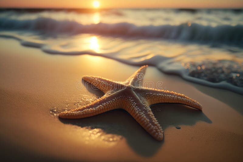 Starfish on Sand Beach and Wave Ocean with Sunset Sky Background ...