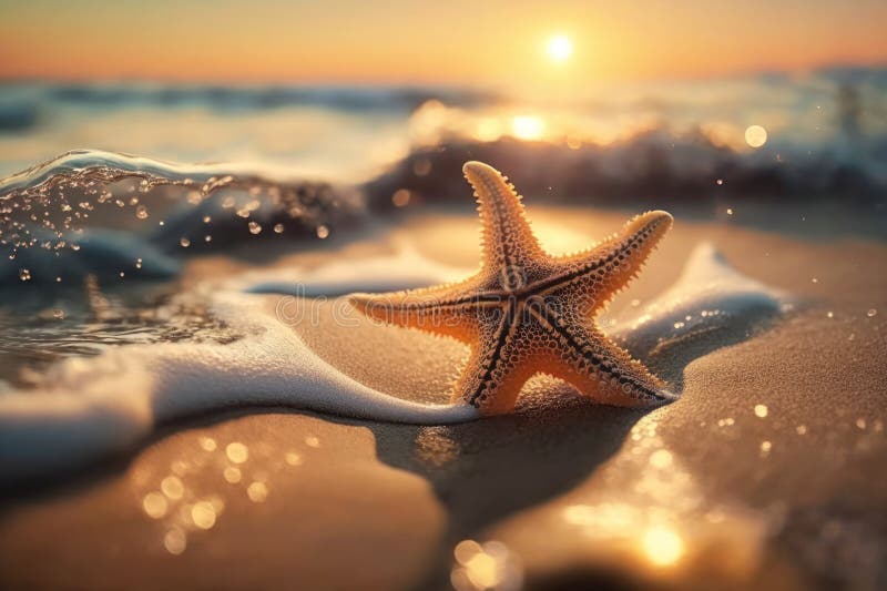 Starfish on Sand Beach and Wave Ocean with Sunset Sky Background ...