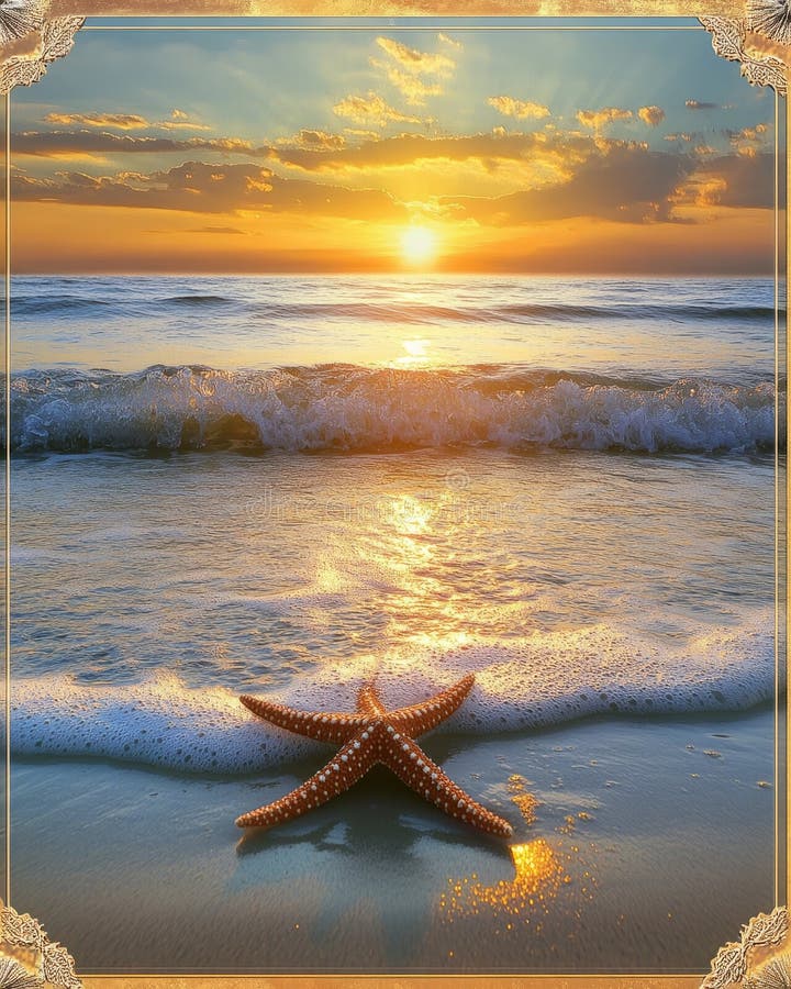 Starfish at Sunset on a Sandy Beach Stock Illustration - Illustration ...