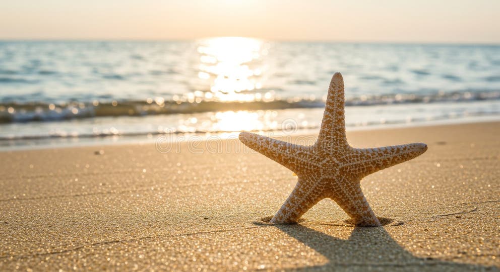 Starfish on Sandy Beach at Sunset Stock Illustration - Illustration of ...