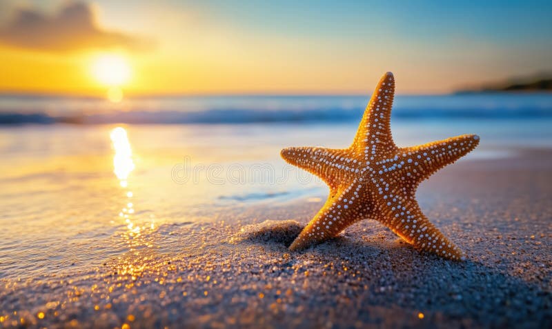 Starfish on Sandy Beach at Sunset with Ocean Waves in Background Stock ...