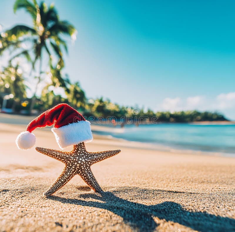 Starfish in Santa Hat on Tropical Beach Christmas High Quality Image ...