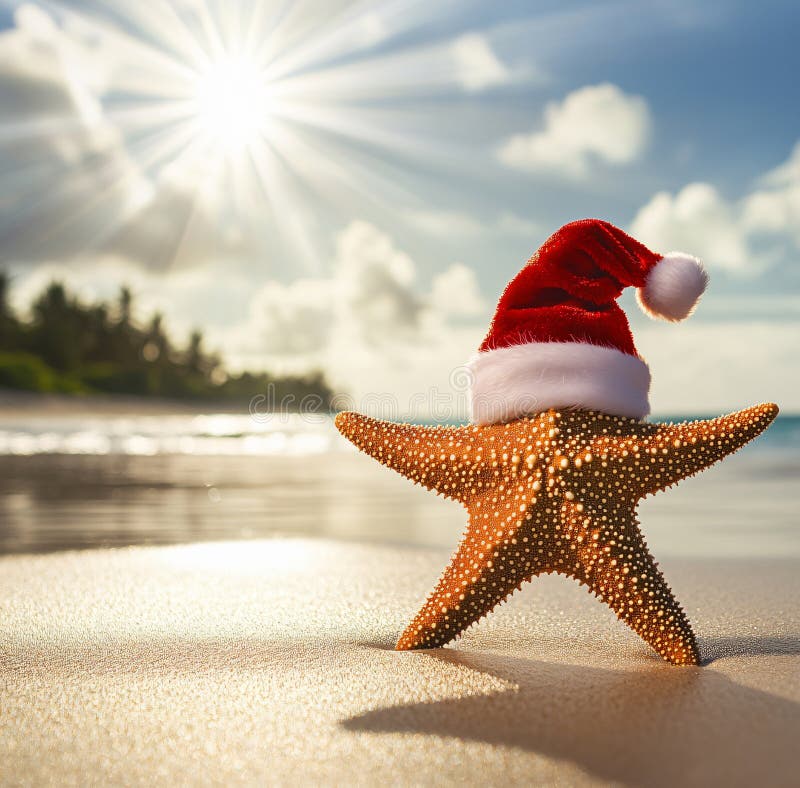 Starfish in Santa Hat on Tropical Beach Christmas High Quality Image ...