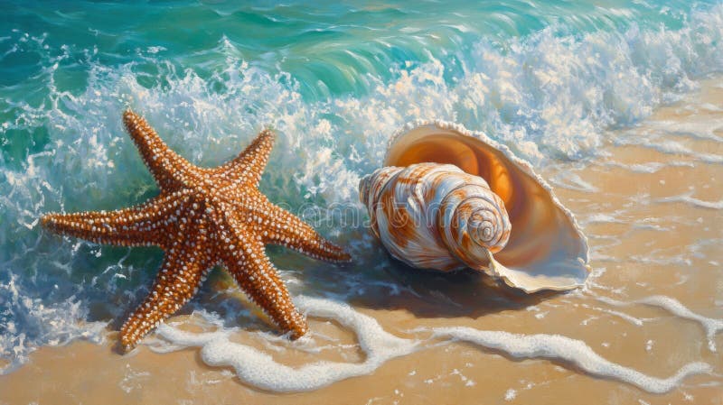 Starfish and Seashell on Sunny Beach with Waves Stock Illustration ...