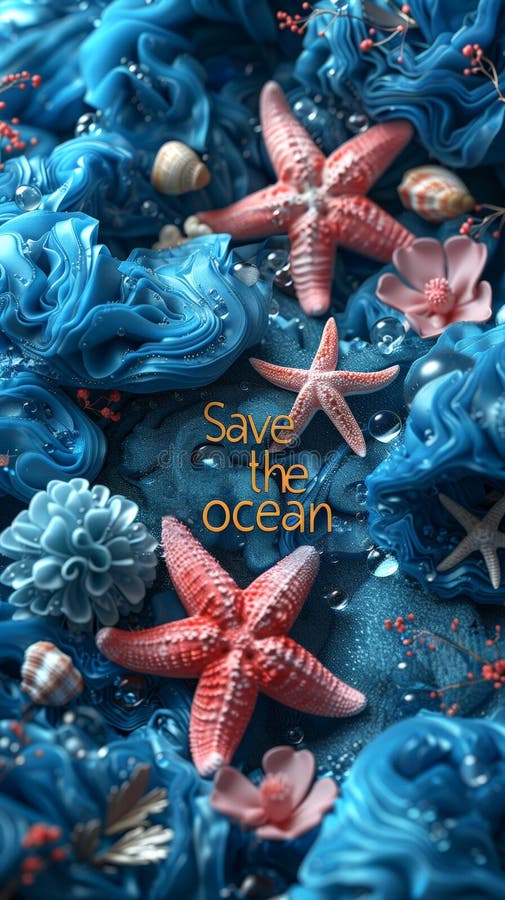Starfish and Seashells with Save the Ocean Message in a Vibrant Aquatic ...