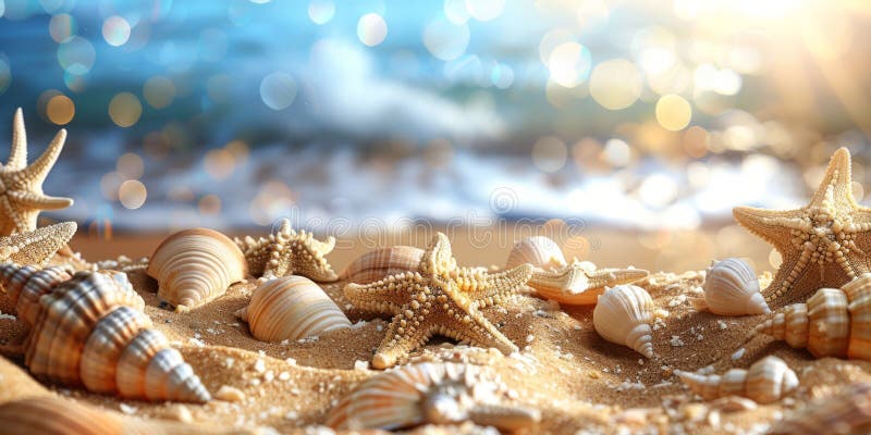 Starfish and Shells on the Beach with Sun Shining Stock Image - Image ...