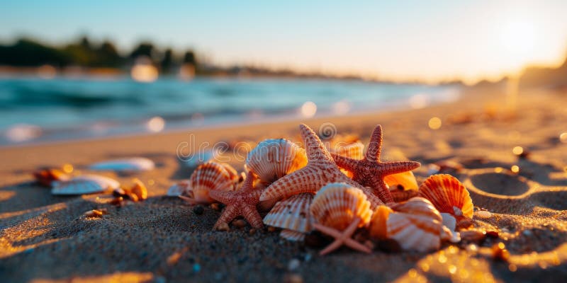 Starfish and Shells on the Beach at Sunset Stock Photo - Image of star ...