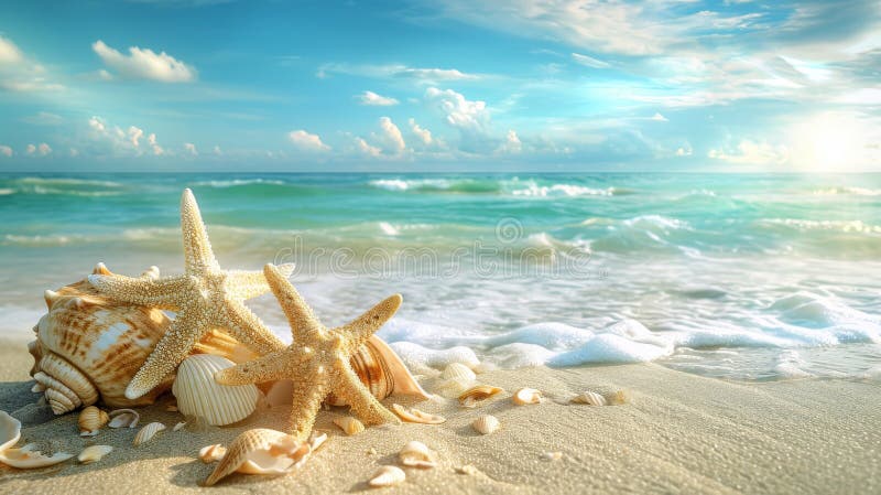 Starfish and Shells Beautify Tranquil Shore Stock Illustration ...