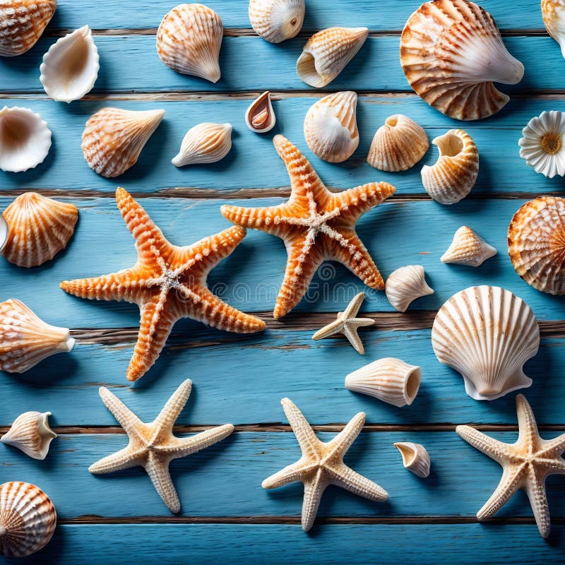 Starfish and Shells on Blue Boards Backgrounds for Post Stock ...