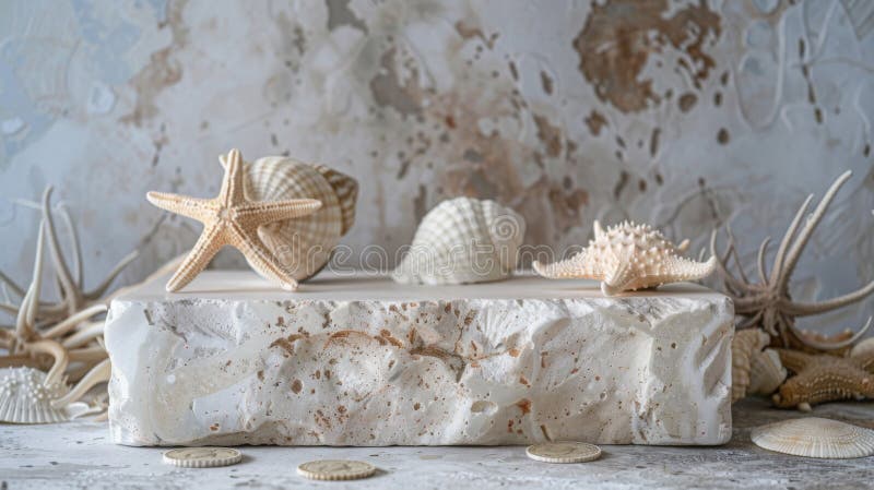 Starfish and Shells Display on Stone Platform in a Rustic Coastal ...