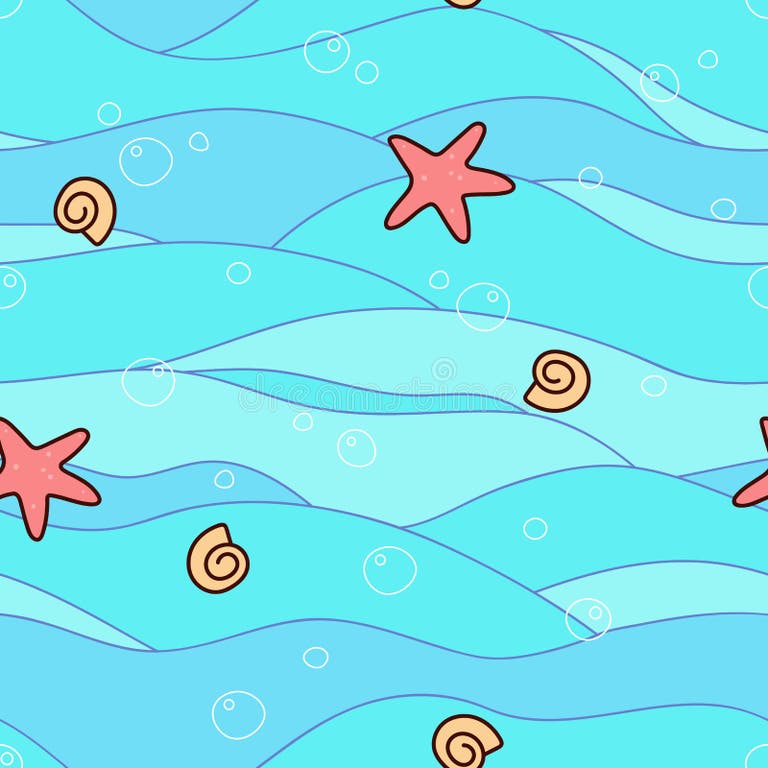 Starfish and Shells Float on the Waves. Sea Seamless Pattern Stock ...