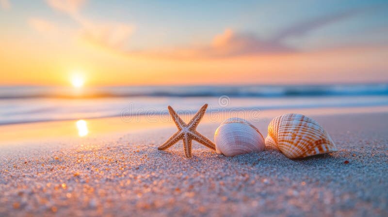 Starfish and Shells on Sandy Beach at Sunset Stock Photo - Image of ...