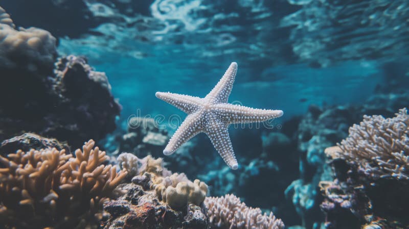 Starfish Sits on a Coral Reef with Blue Water Stock Image - Image of ...