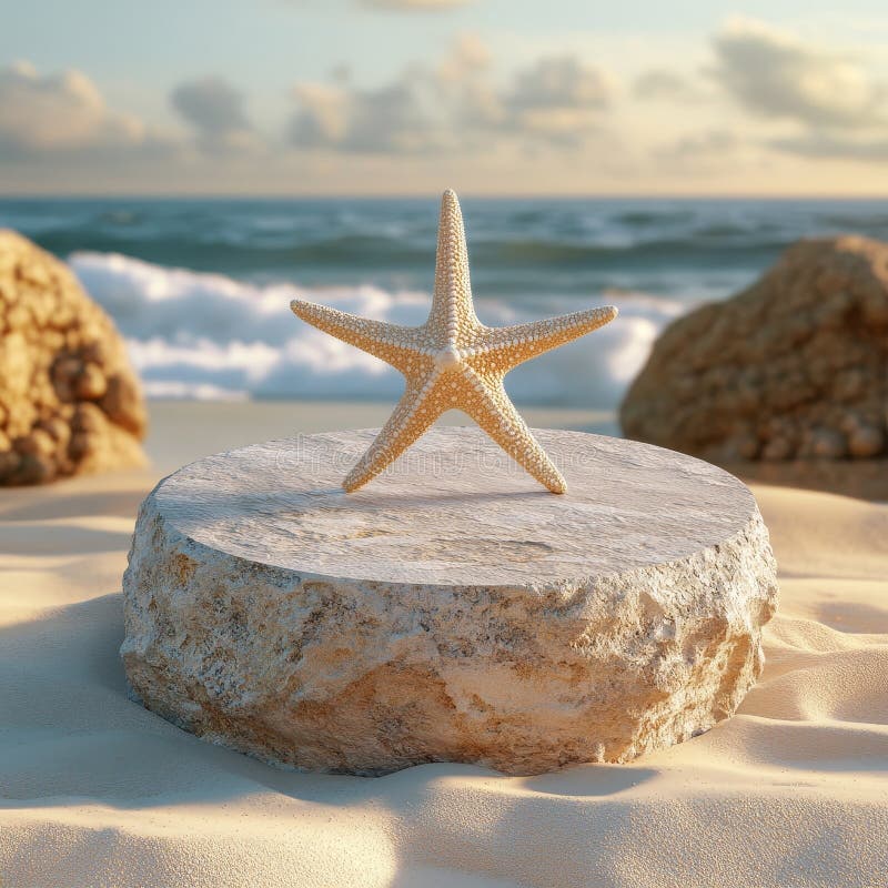 Starfish on a Stone Podium on the Beach. 3d Render Stock Illustration ...