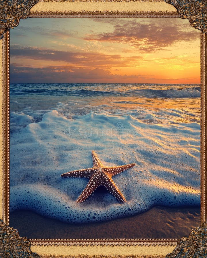Starfish at Sunset on a Sandy Beach Stock Illustration - Illustration ...