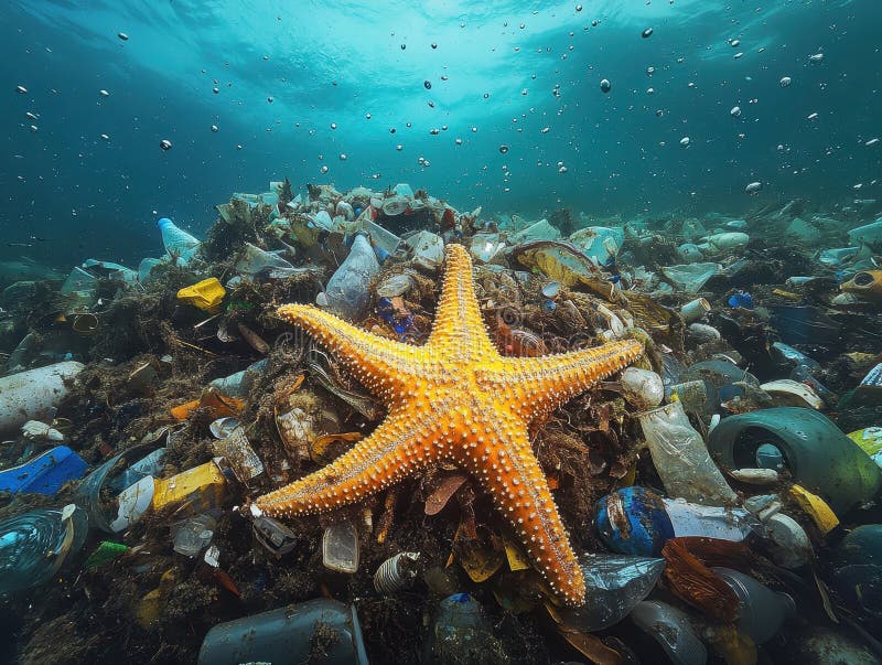 Starfish Trapped Under a Pile of Plastic Waste in Ocean Environment ...