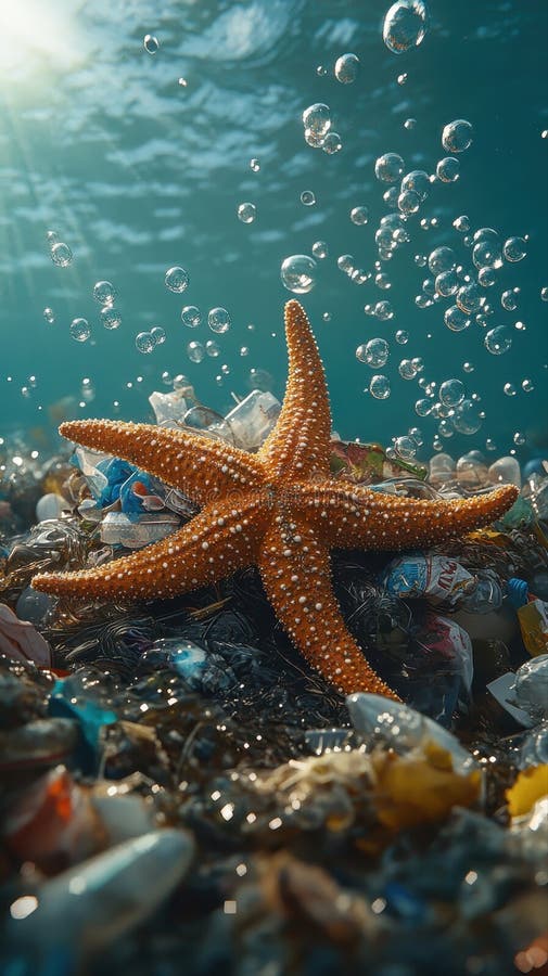 Starfish Trapped Under Plastic Waste and Garbage on the Beach ...