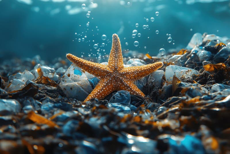 Starfish Trapped Under Plastic Waste in Water with Rocks and Debris ...