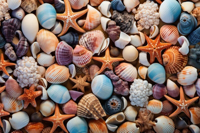 Starfish and Various Seashells Macro Background. Sshells Have Different ...