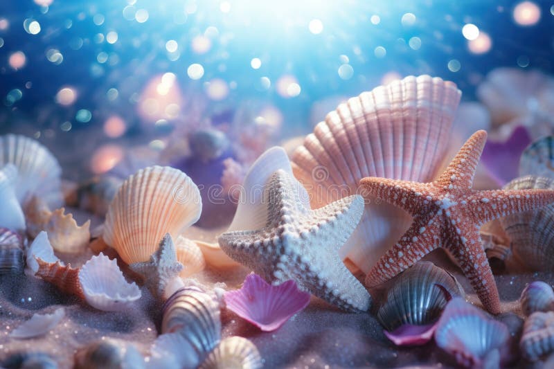 Starfish and Various Seashells Macro Background. Sshells Have Different ...