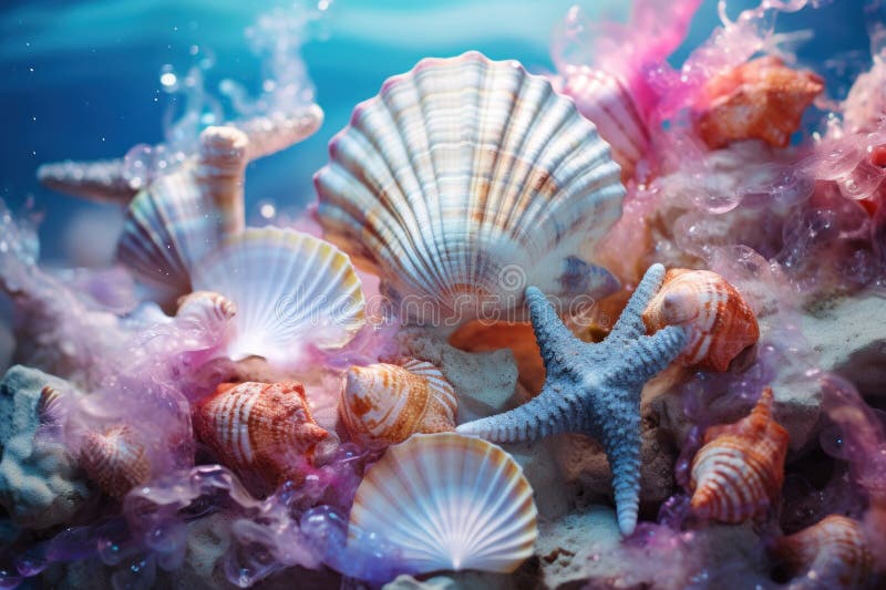 Starfish and Various Seashells Macro Background. Sshells Have Different ...