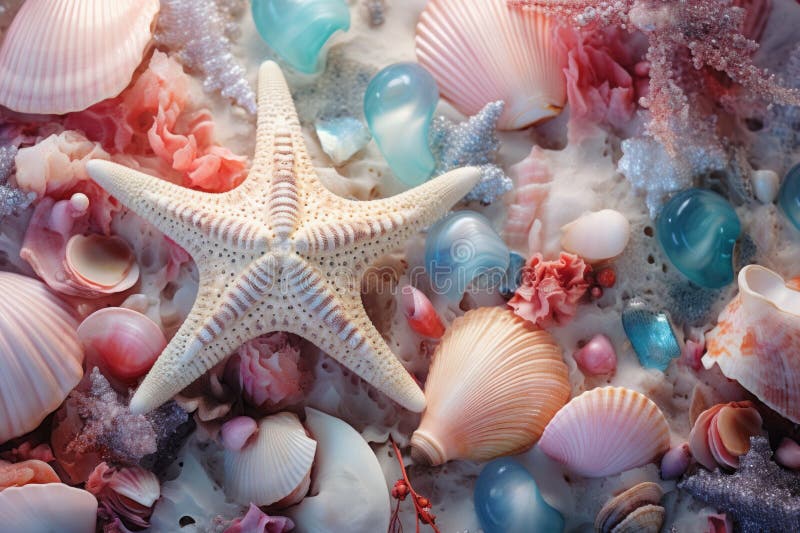 Starfish and Various Seashells Macro Background. Sshells Have Different ...