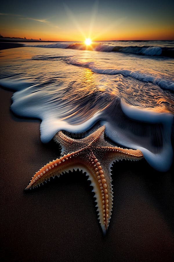 Starfish and Waves on the Sand of a Beach at Sunset Stock Illustration ...