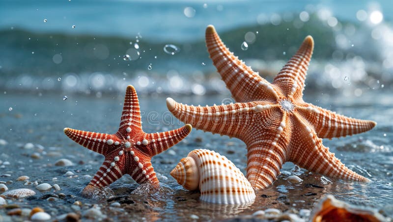Starfishes and Seashells are Emerging from the Foamy Sea Waves on a ...
