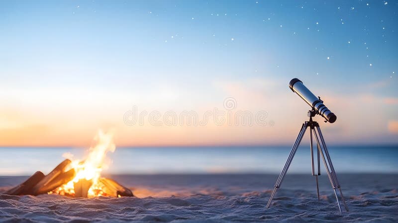 Stargazing by the Beach with a Telescope and a Campfire at Sunset ...