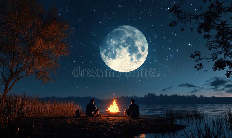 Stargazing by Campfire Under Full Moonlight with Friends by Serene Lake ...