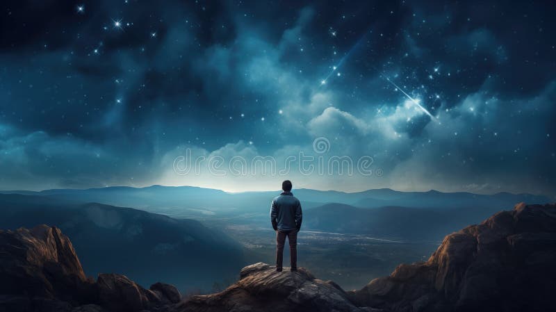 Stargazing on a High Rock Man Mesmerized by the Night Sky Stock ...