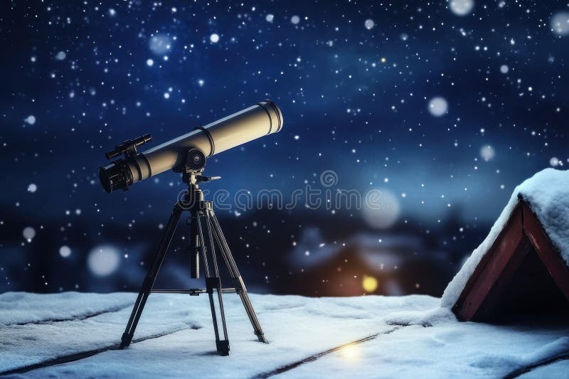 Stargazing with a Telescope Under a Starry Night Sky during Snowfall in ...