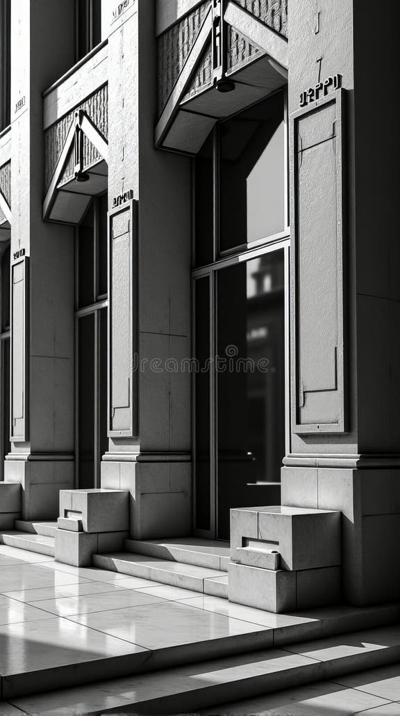 Stark Black and White Architectural Study Featuring a Modern Art Deco Facade with Bold Geometric ...