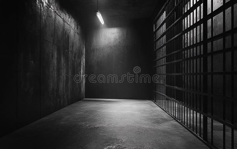 A Stark Black and White Prison Cell with Heavy Iron Bars Conveying ...