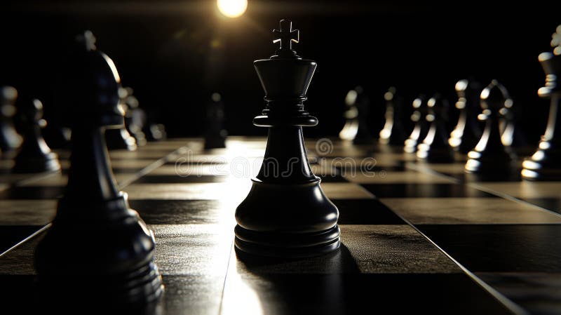 Chess Pieces on a Dark Board with Focused Light on the King in a ...