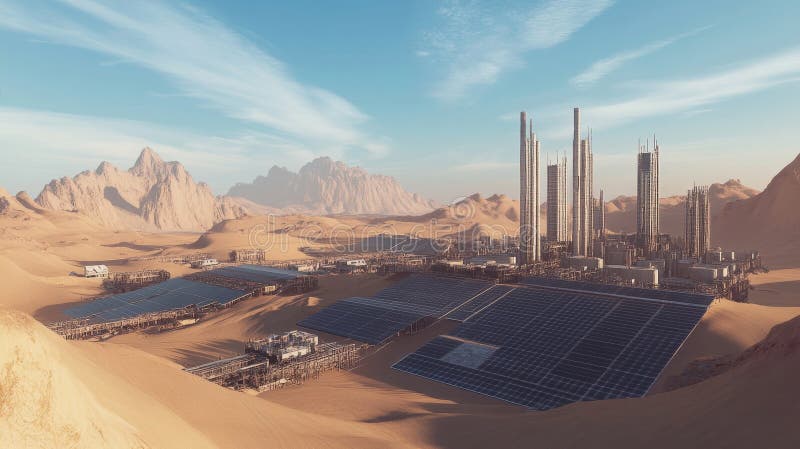 A Stark Desert Landscape with Massive Data Centers Creating an Epic and ...