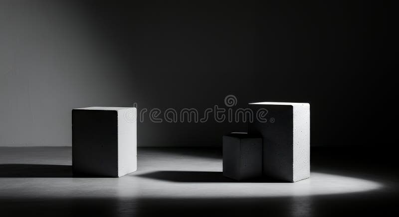 Minimalist Concrete Cubes Display on Dark Floor Stock Photo - Image of ...