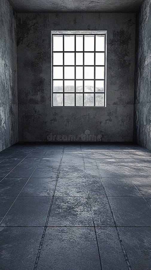 A Stark Gray Prison Cell with High Concrete Walls and Barred Window ...