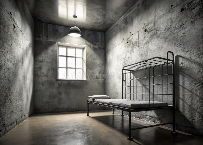 A Stark and Gripping Panorama of a Prison Cell Empty Iron Bunk Bed and ...