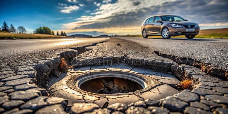 Dangerous Pothole on Asphalt Road Crumbling Pavement and Damaged Tire a ...