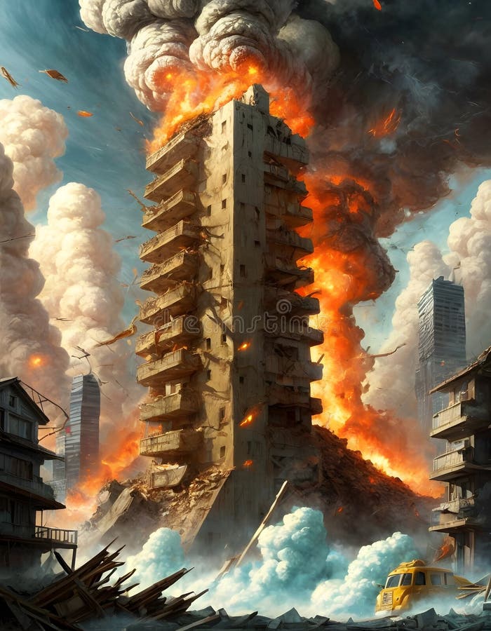 Fiery Demolition of Coastal Tower Stock Photo - Image of collapse ...
