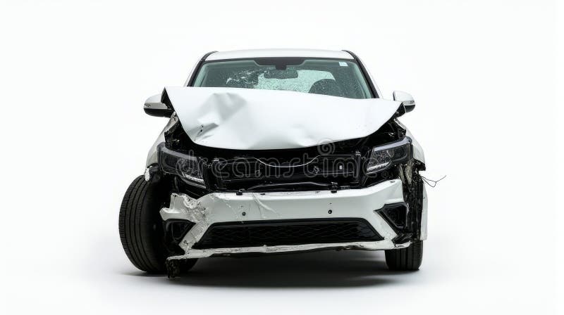 Damaged Front: White Car with Severe Front-End Collision Damage ...
