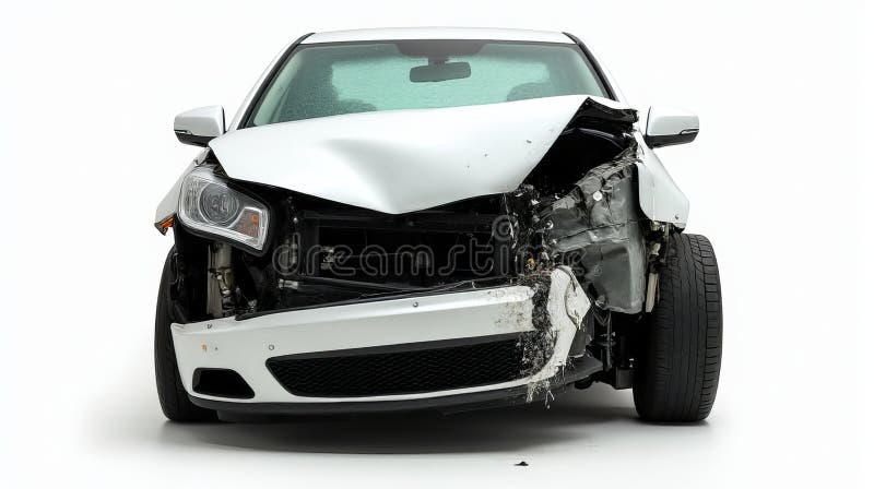 Damaged Front: White Car with Severe Front-End Collision Damage ...