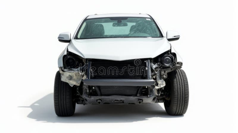 Damaged Front: White Car with Severe Front-End Collision Damage ...