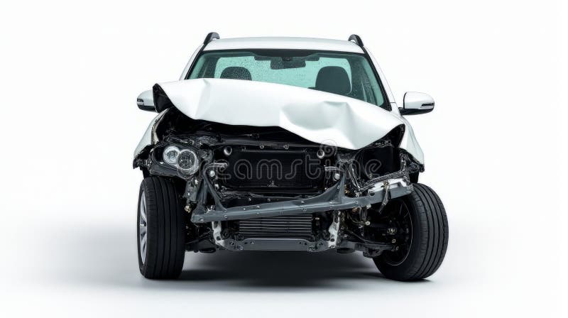 Damaged Front: White Car with Severe Front-End Collision Damage ...