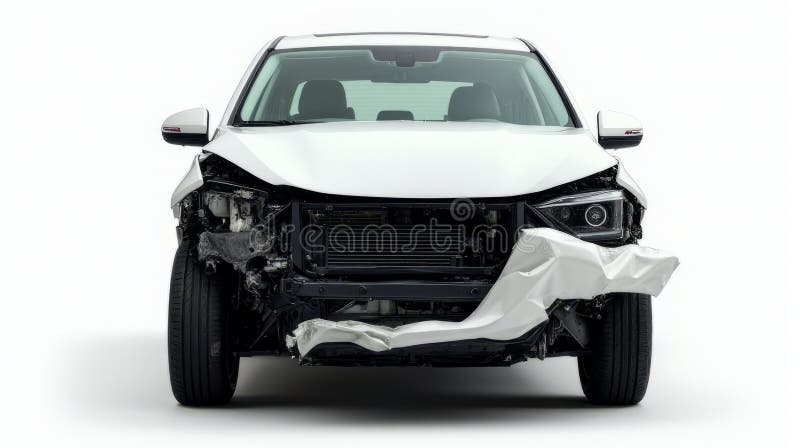 Damaged Front: White Car with Severe Front-End Collision Damage ...