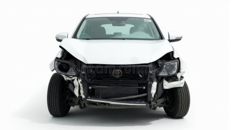 Damaged Front: White Car with Severe Front-End Collision Damage ...