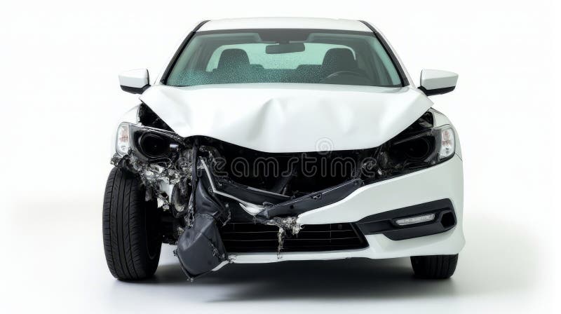 Damaged Front: White Car with Severe Front-End Collision Damage ...