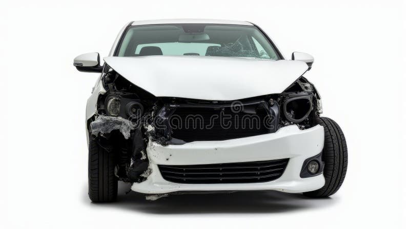 Damaged Front: White Car with Severe Front-End Collision Damage ...