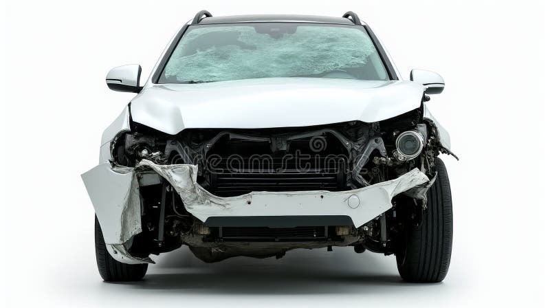 Damaged Front: White Car with Severe Front-End Collision Damage ...